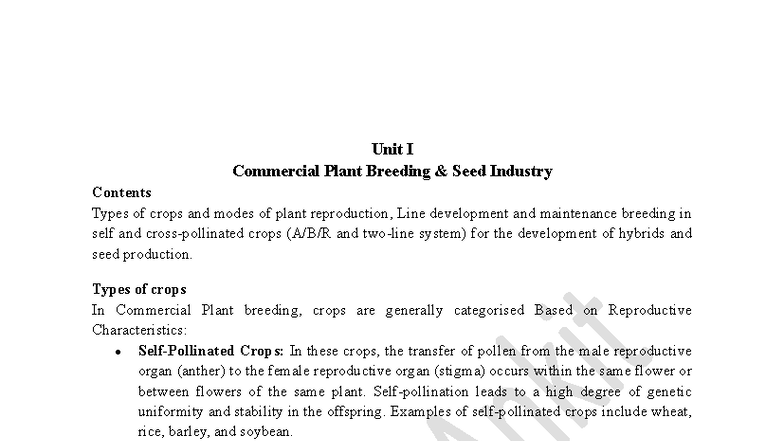 Unit I: Commercial Plant Breeding & Seed Industry Overview (CPB 101) - Studocu