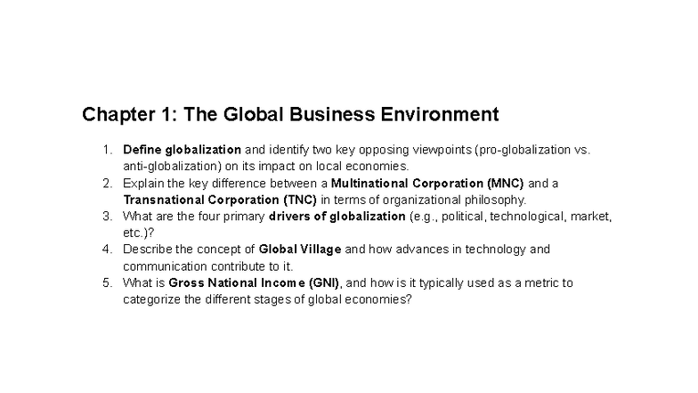 GMS 1 - GMS - Chapter 1: The Global Business Environment Define ...