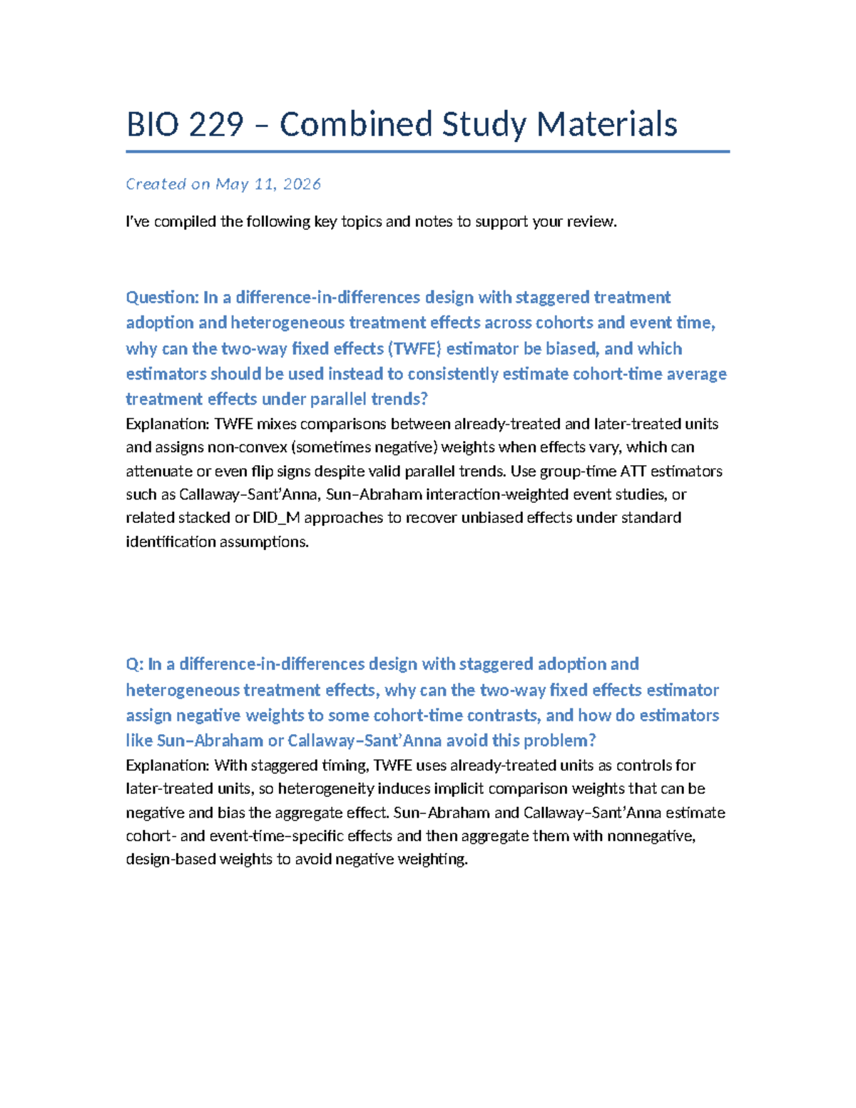 BIO 229 Study Guide: TWFE Estimators and Treatment Effects Analysis ...