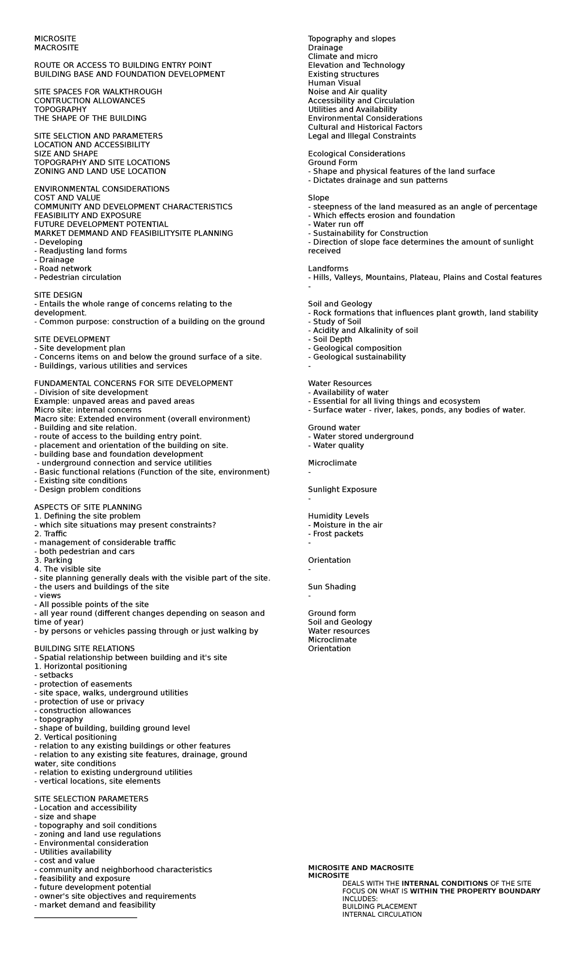 PLAN-1 Lecture Notes: Site Development & Planning Considerations - Studocu