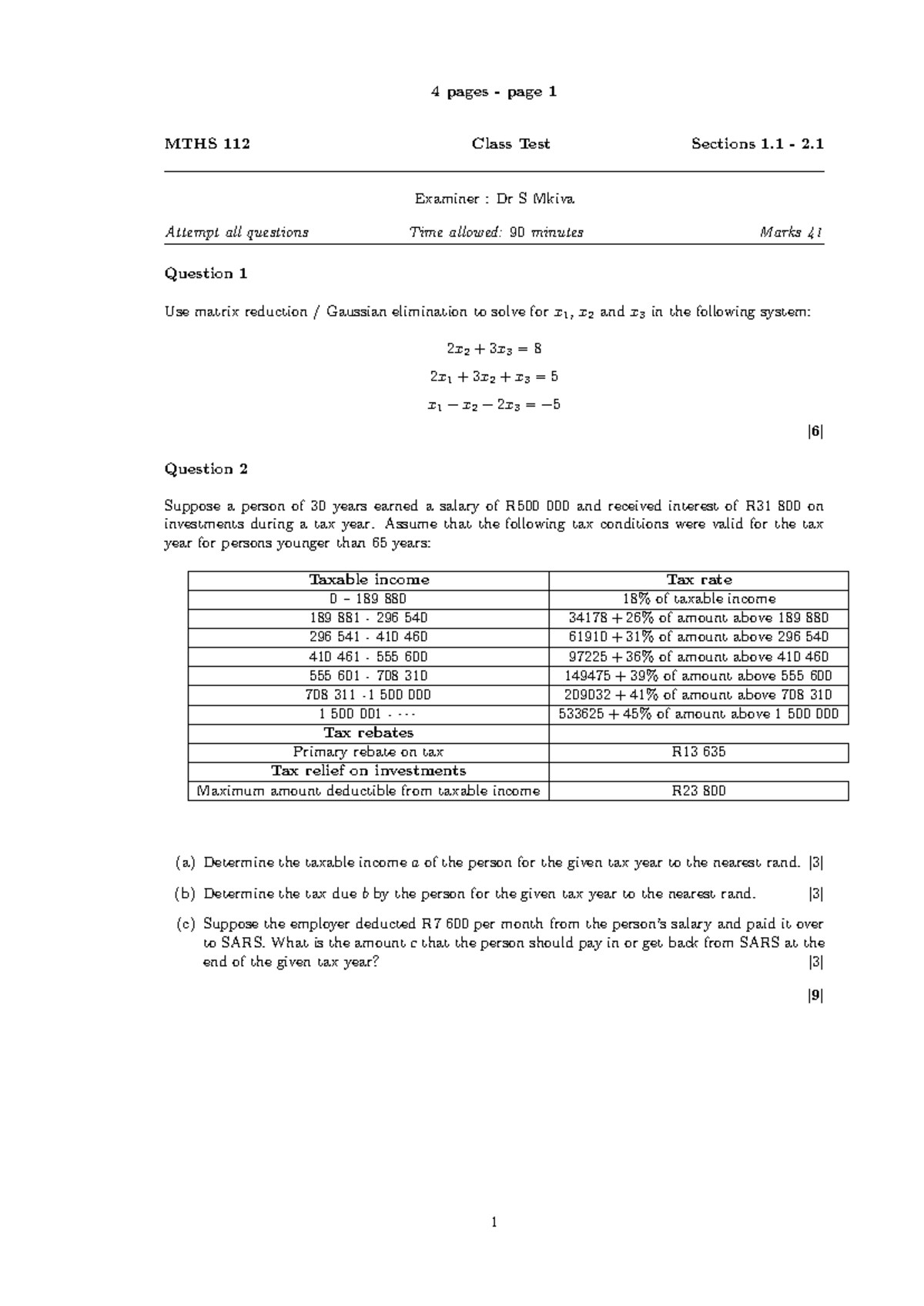 MTHS 112 Class Test 2024: Gaussian Elimination & Tax Calculation - Studocu