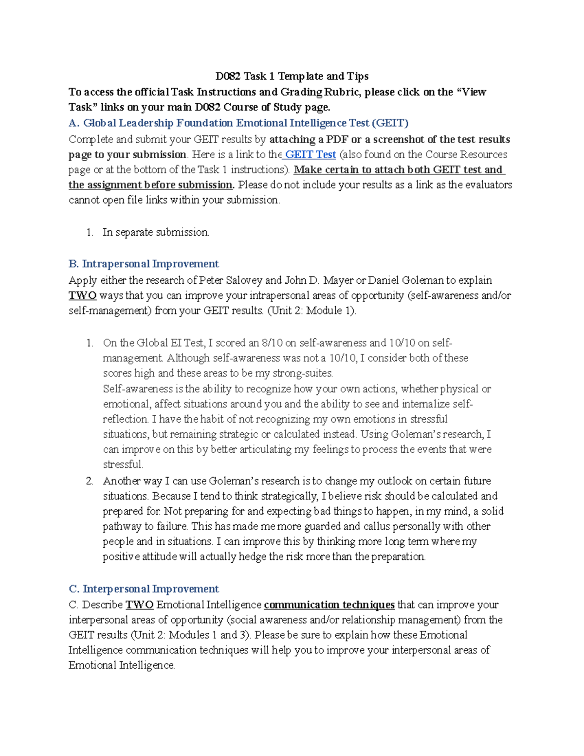 D082 - Task 1 - Task 1 - D082 Task 1 Template and Tips To access the official Task Instructions ...