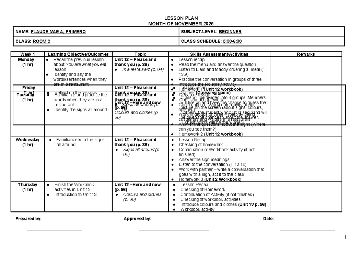LESSON PLAN: NOVEMBER 2025 - BEGINNER CLASS (ROOM C) - Studocu