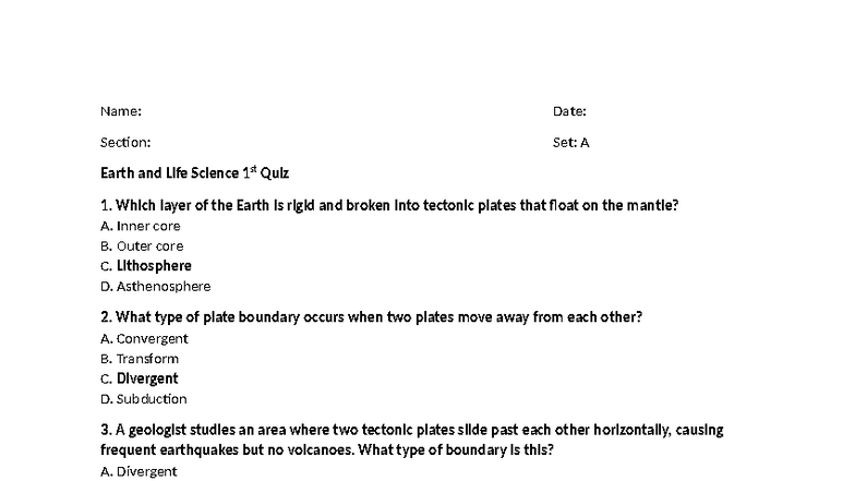 Earth and Life Science 1st Quiz: Tectonic Plates and Boundaries - Studocu