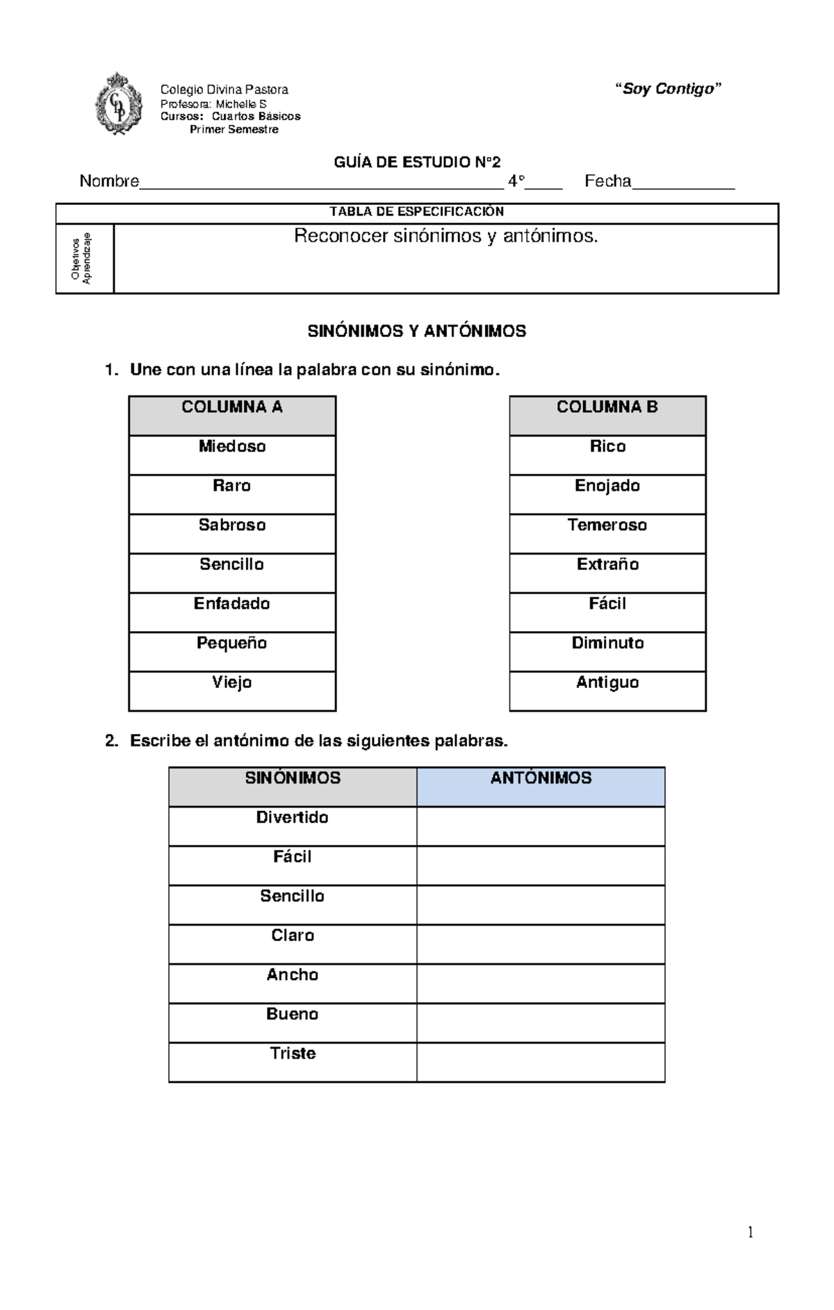 Guía de Estudio N°2 Lenguaje Cuartos Básicos - Sinónimos y Antónimos ...