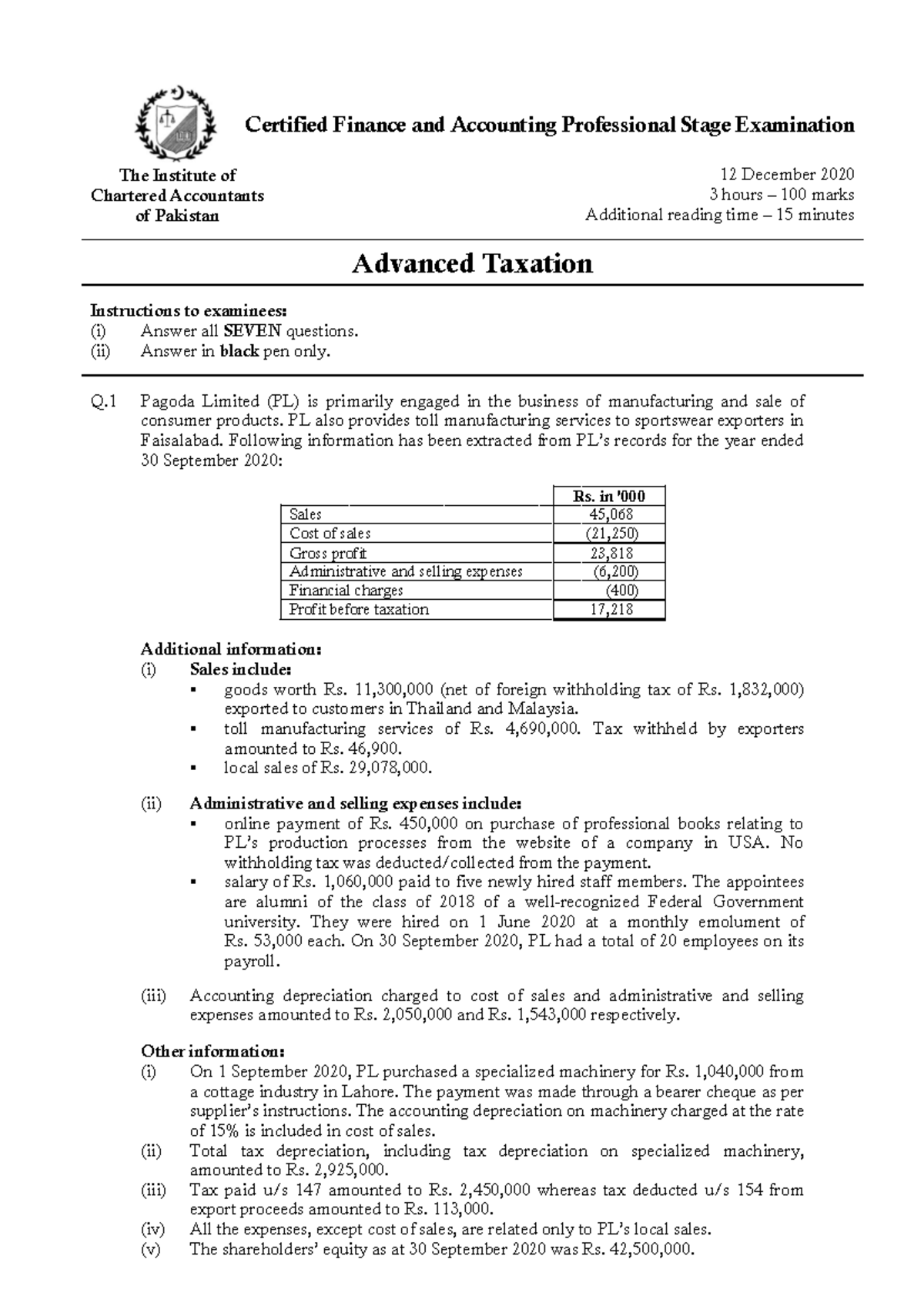 Advanced Taxation - ICAP Past Papers Winter 2020 Exam Analysis - Studocu