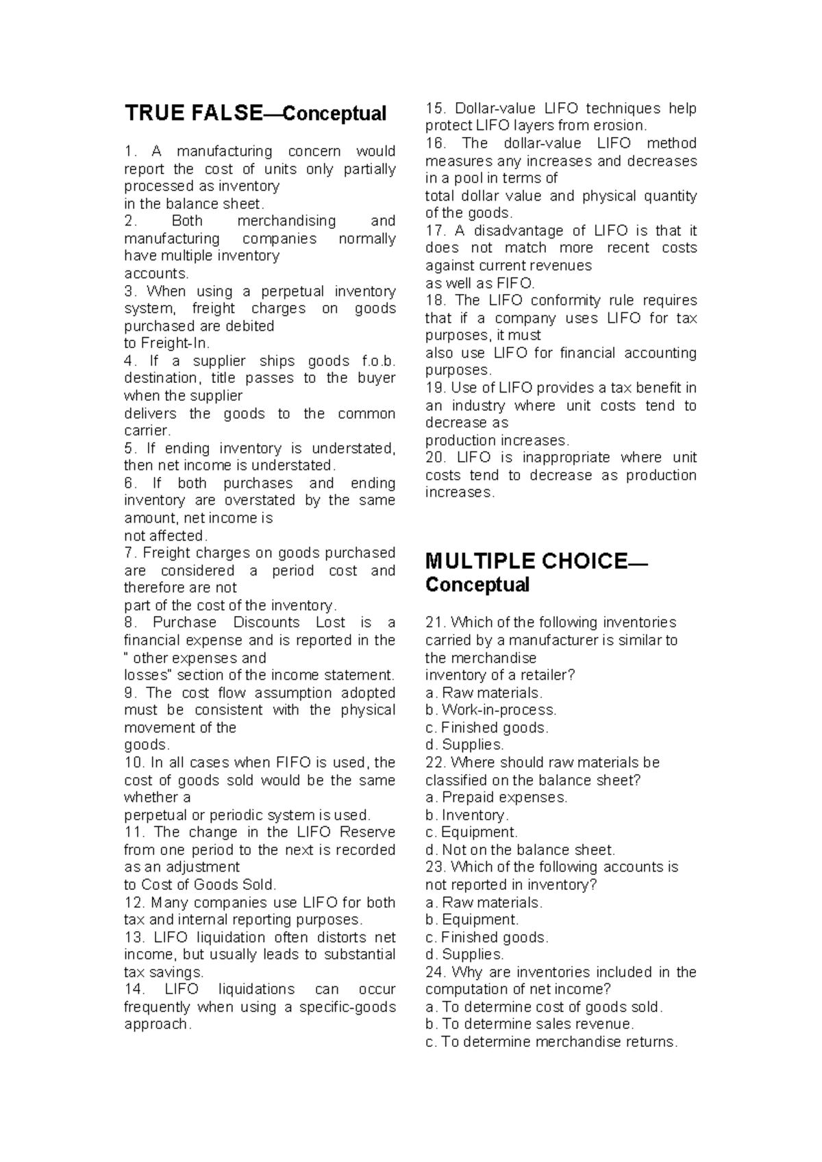 Inventory Concepts Review: True/False & MC Questions (FIN 202) - Studocu