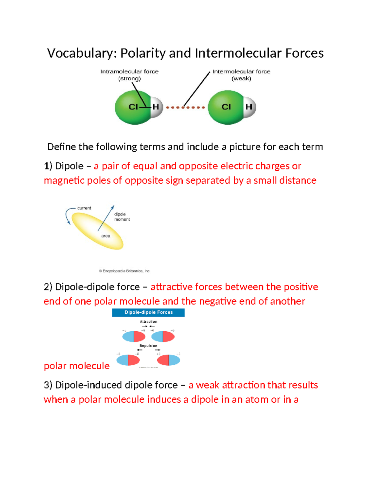Chemistry 101: Vocabulary on Polarity & Intermolecular Forces Homework ...