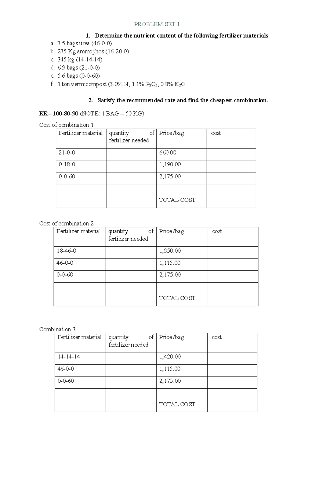 Fertilizer Calculation Problems Set 1: Nutrient Analysis & Cost ...