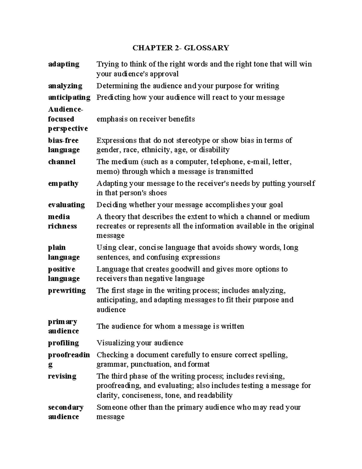 CHAPTER 2 GLOSSARY: Key Terms for Effective Communication - Studocu