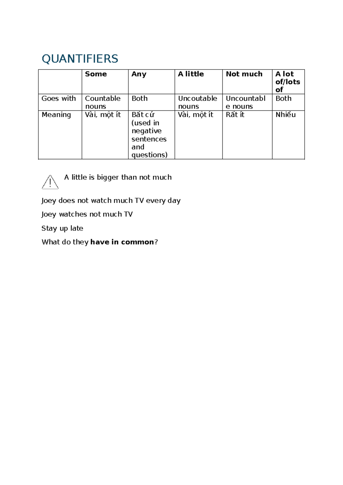 Quantifiers - TA 7 - English language - QUANTIFIERS Some Any A little ...