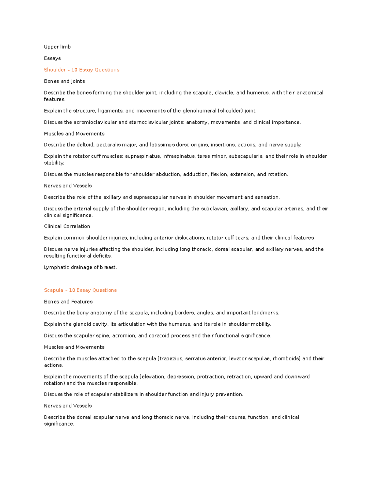 Upper Limb Anatomy Essays: Shoulder, Arm, Forearm & Hand (UL 10) - Studocu