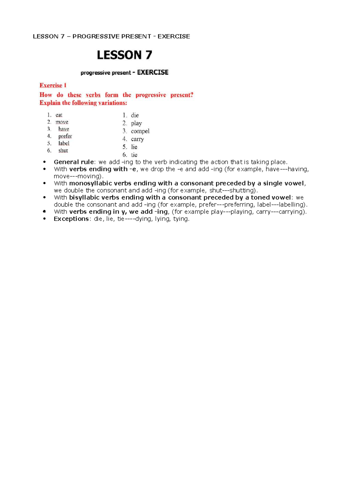 Lesson 7 – Progressive Present - Exercise - LESSON 7 – PROGRESSIVE ...