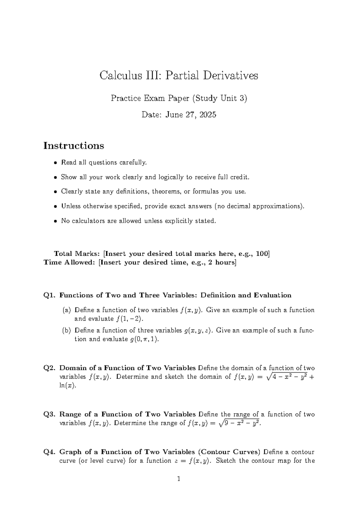 Calculus Partial Derivatives Practice Exam (Study Unit 3) - Studocu