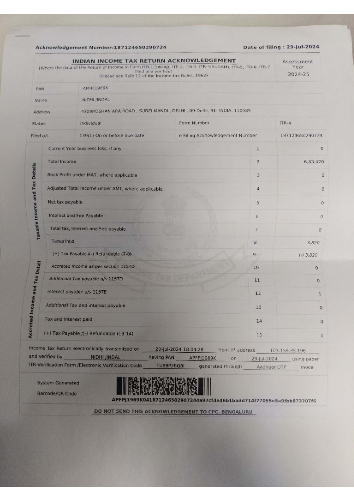 Indian Income Tax Return Acknowledgement for Nidhi Jindal (AY 2024-25 ...