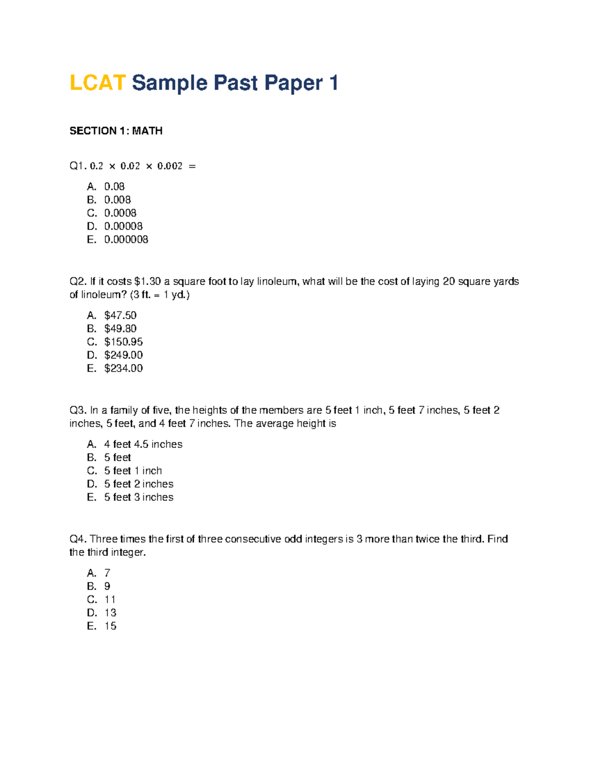 LCAT - Sample Past Paper 1: Math and English Sections Explained - Studocu