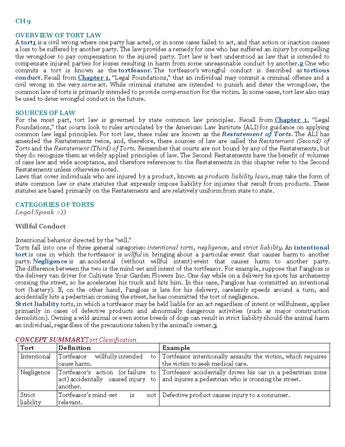 Law 9 - Tort Law - CH 9 OVERVIEW OF TORT LAW A tort 1 is a civil wrong ...