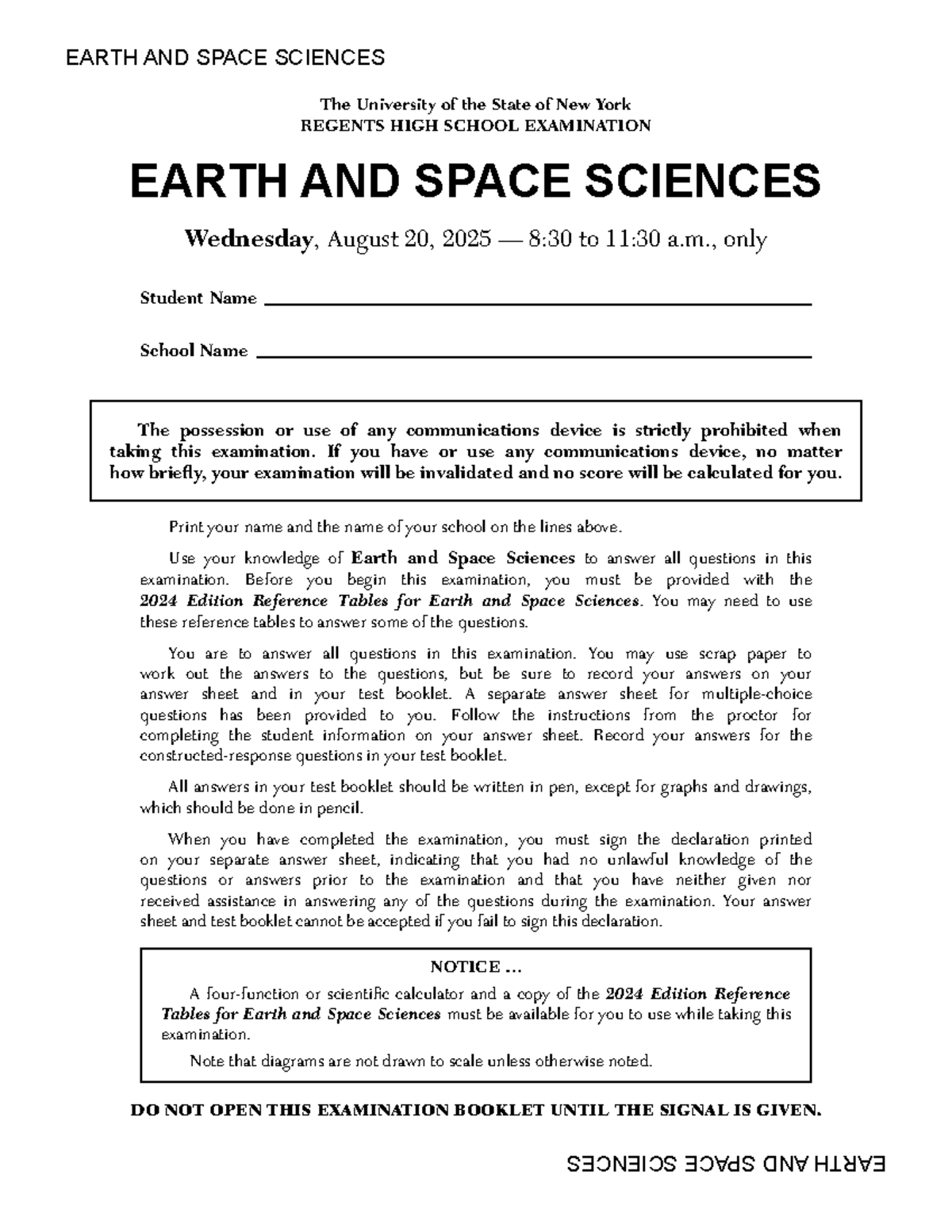 Earth and Space Sciences Regents Exam - August 2025 - Studocu