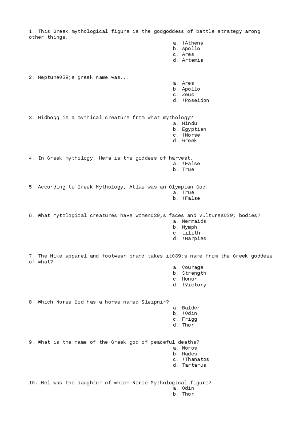HIST324 Quiz Questions on Greek & Norse Mythology - Studocu
