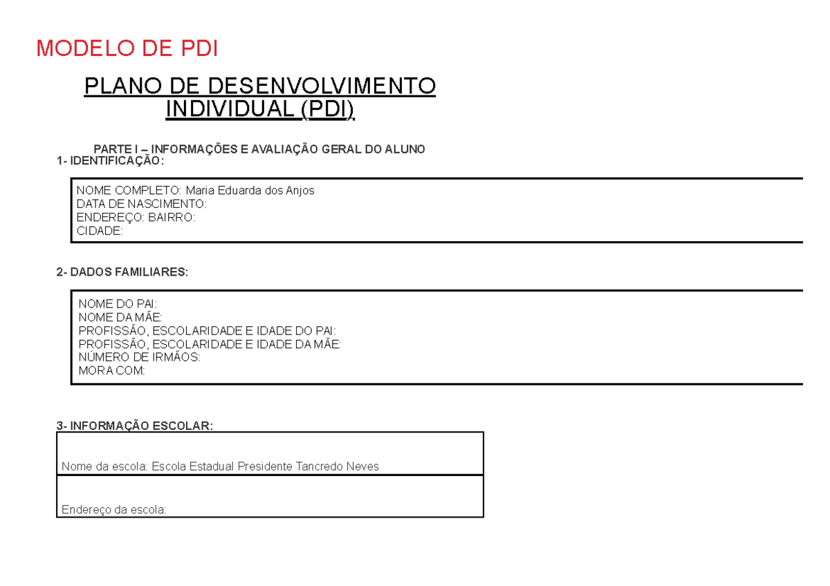 Modelo de PDI: Avaliação e Desenvolvimento Educacional do Aluno - Studocu