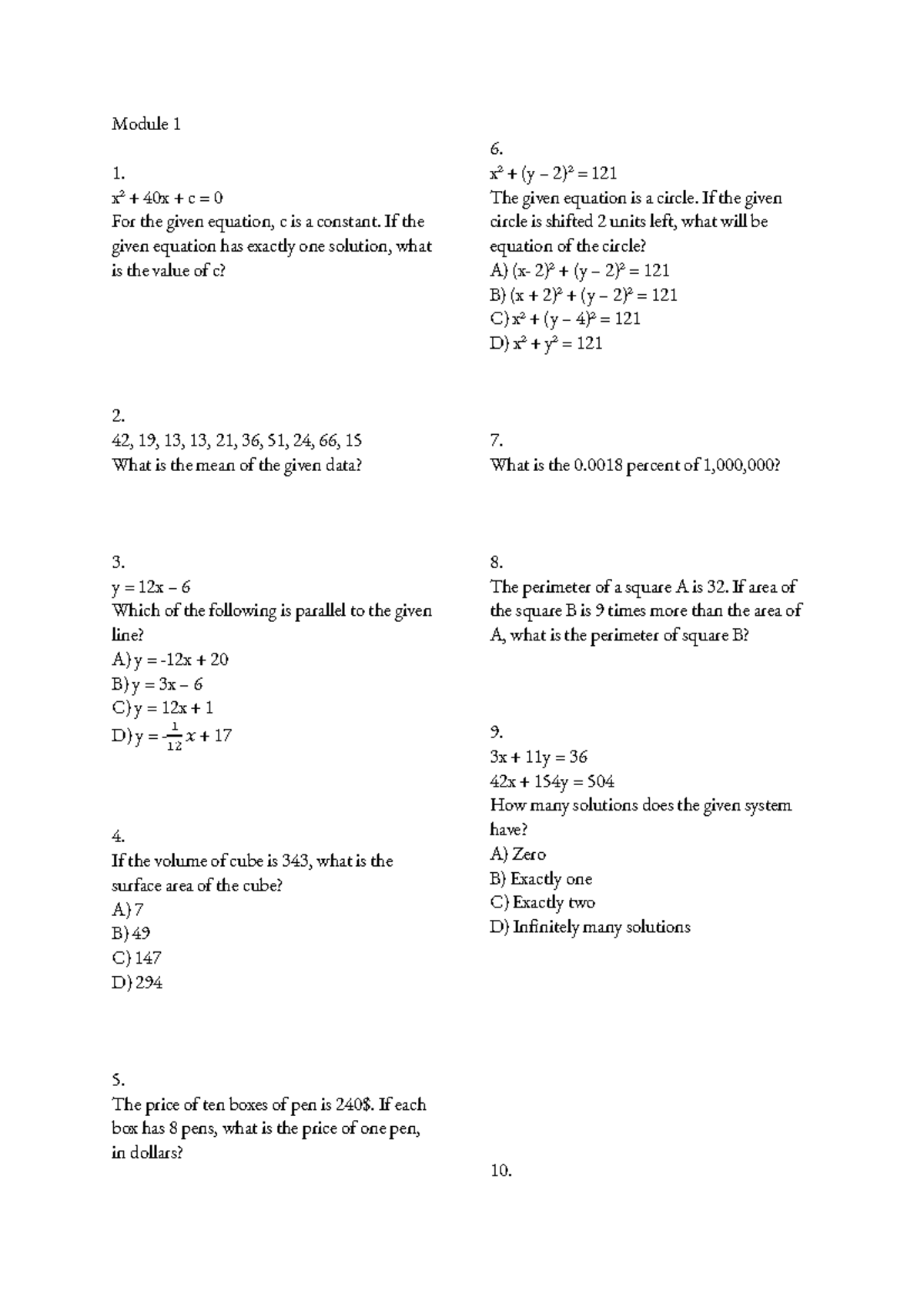 Practice Test 1: Math Concepts and Problem Solving - Studocu