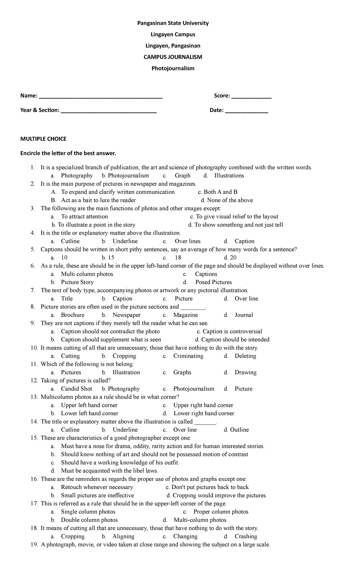 Test Questions for Campus Journalism (CAMPUS JOURNALISM) - Studocu