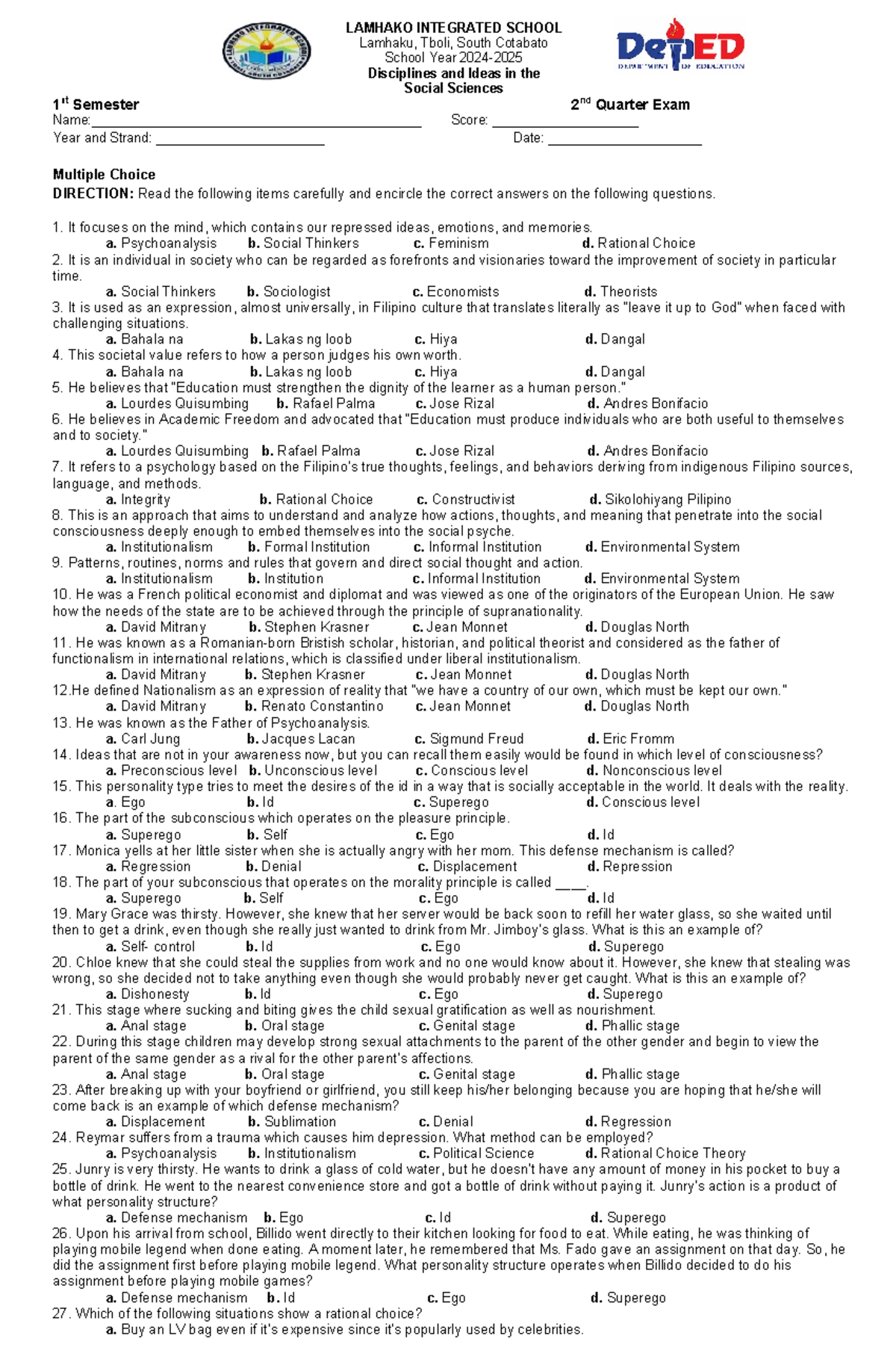 2nd Quarter Exam: Disciplines and Ideas in Social Sciences - Studocu