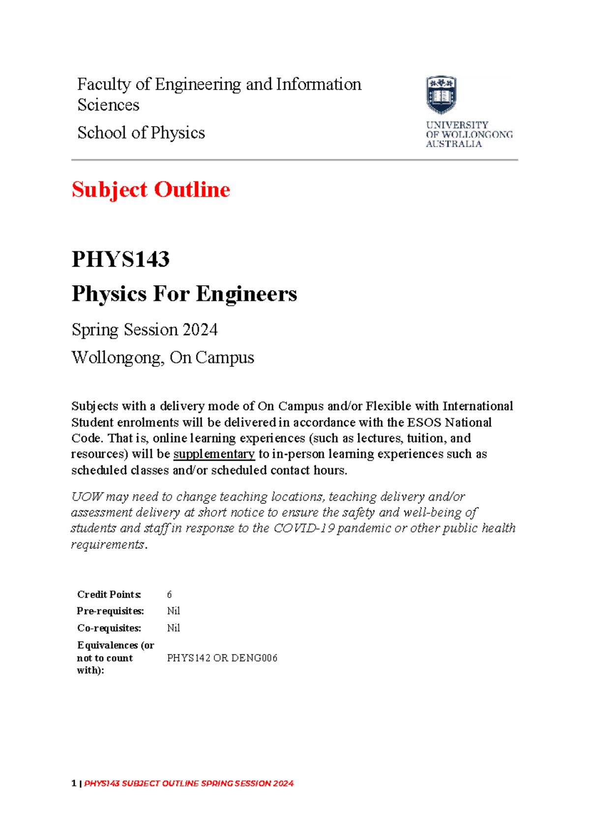 PHYS143 Subject Outline for Physics for Engineers - Spring 2024 - Studocu