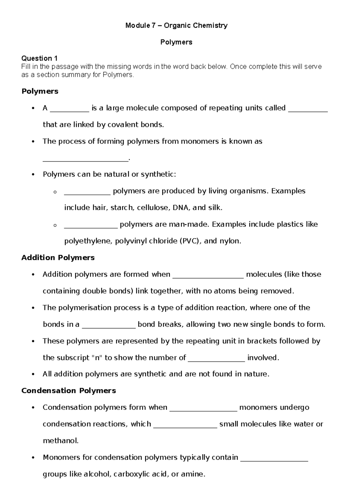 Mod 7 Organic Chemistry: Overview of Polymers and Their Properties ...