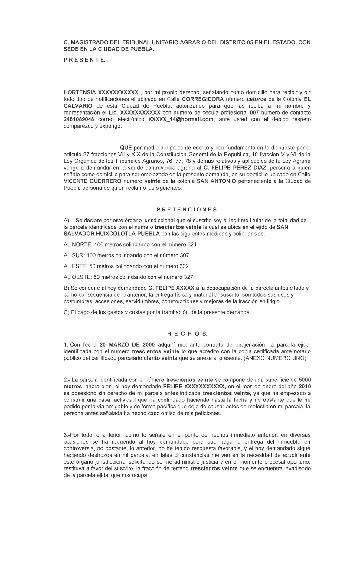 Demanda Agraria 1 - C. MAGISTRADO DEL TRIBUNAL UNITARIO AGRARIO DEL ...