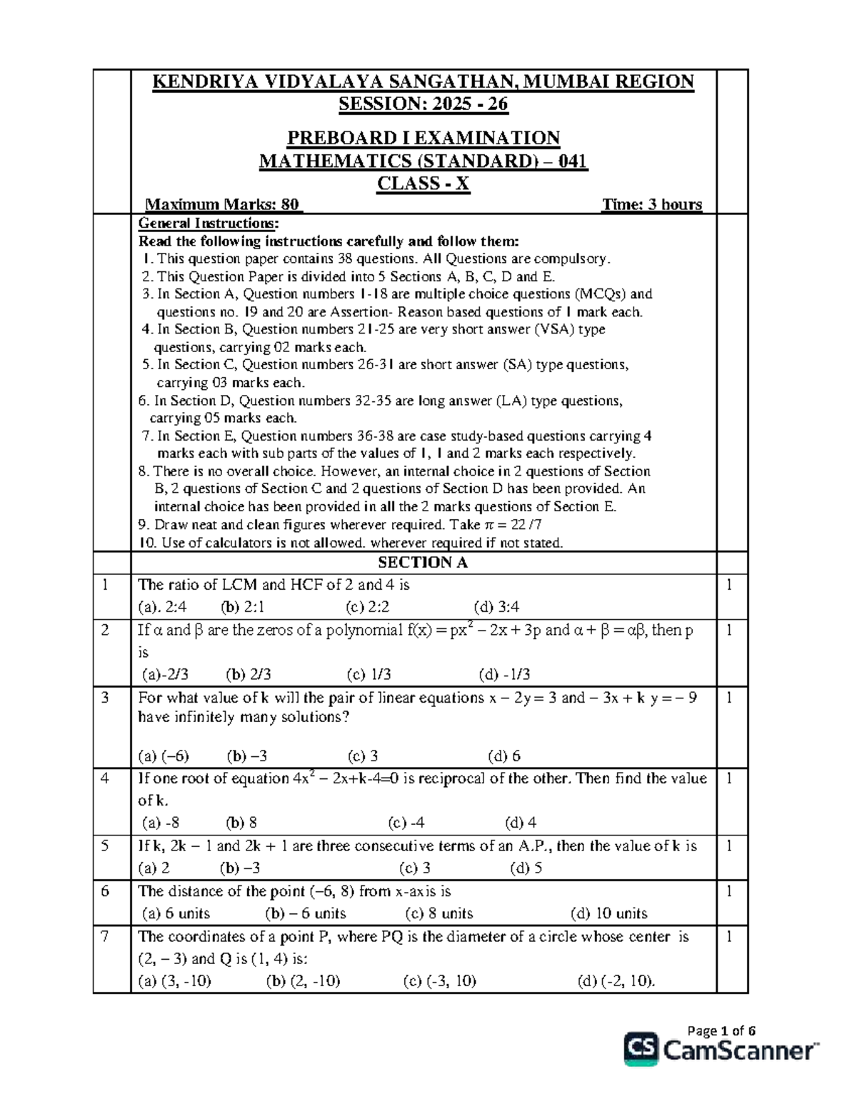 KVS Class 10 Preboard I Mathematics Exam 2025-26 - Studocu
