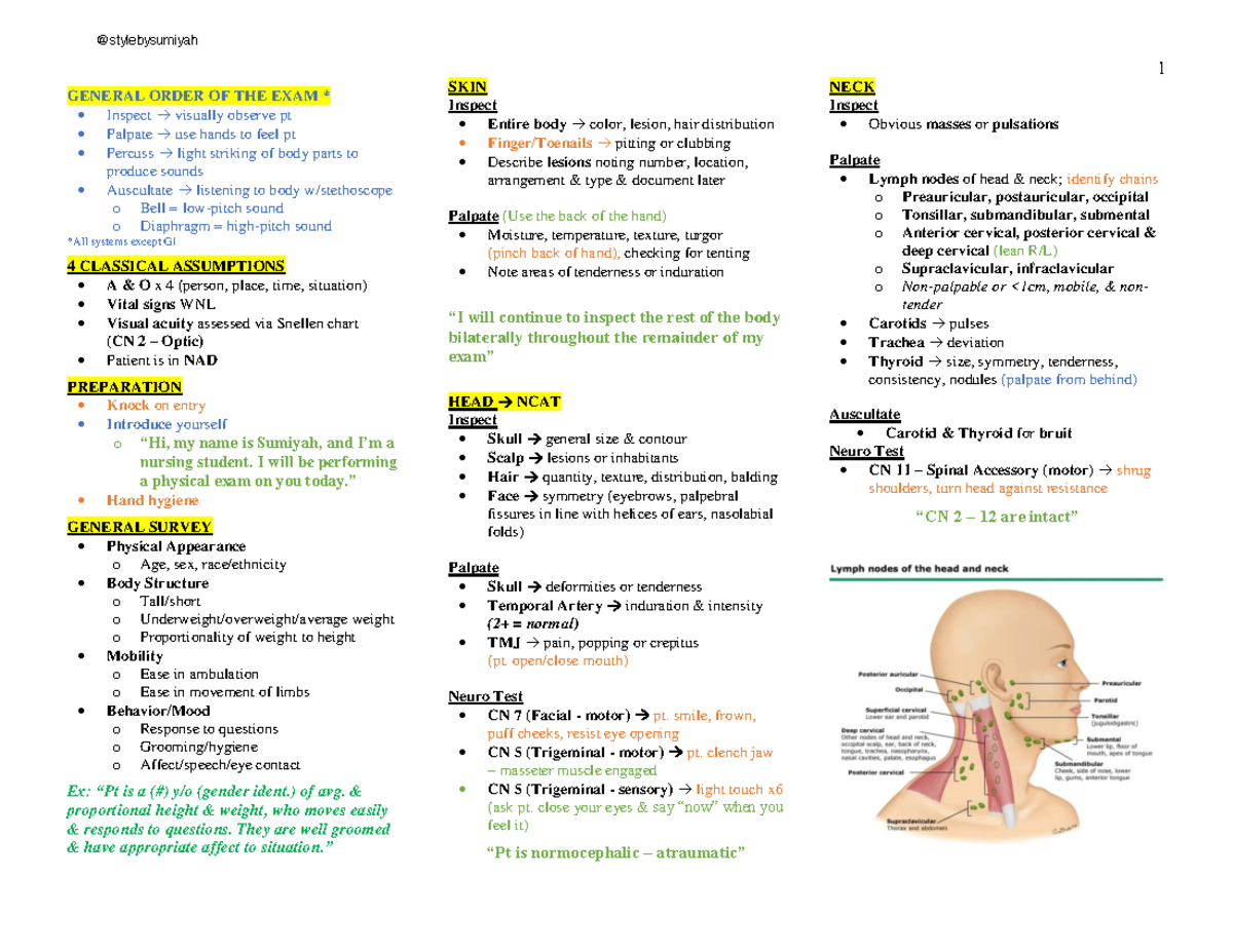 Physical Assessment Script: Comprehensive Head-to-Toe Review - Studocu