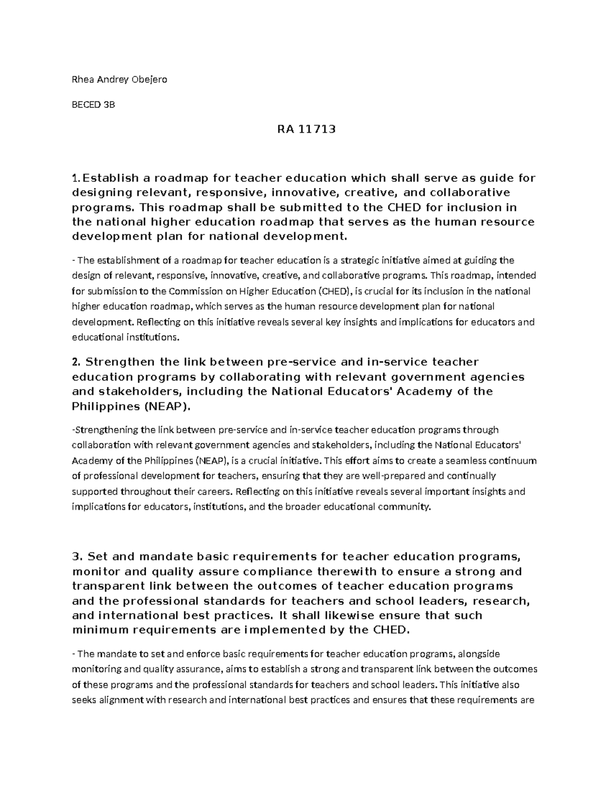 Roadmap for Teacher Education: BECED 3B RA 11713 Insights and ...