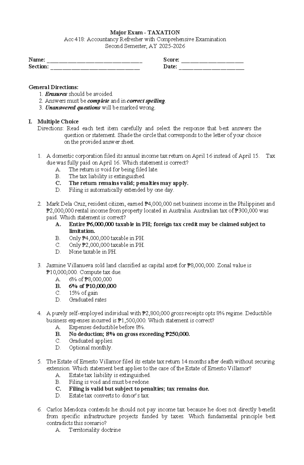 Comprehensive Review for Major Exam in TAXATION (Acc 418) - Studocu