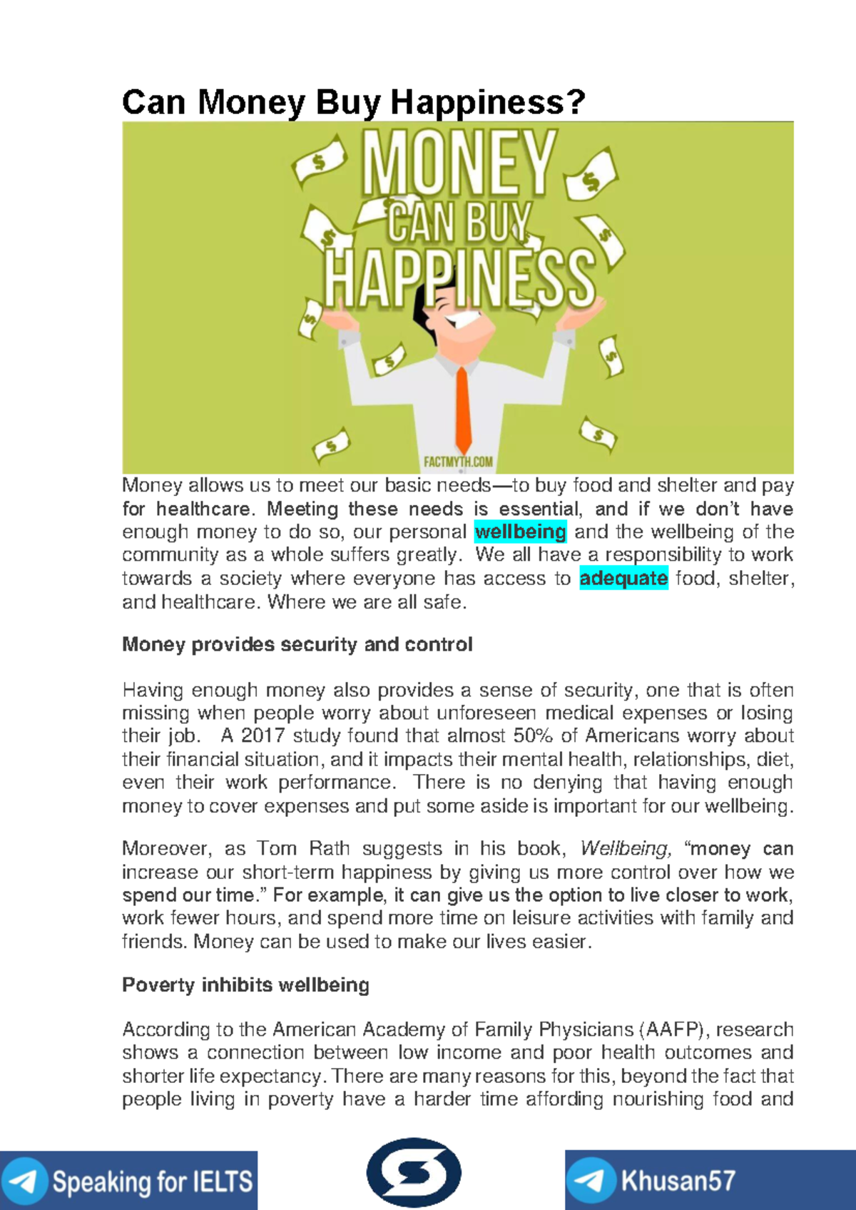 Money and Happiness: Exploring Wellbeing and Financial Security - Studocu