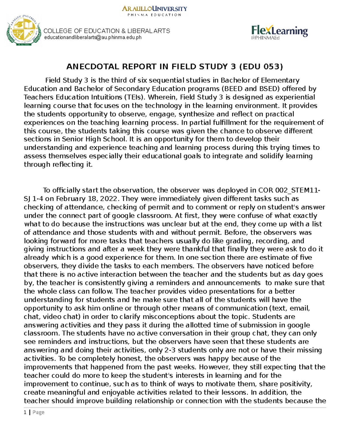 Anecdotal Report for Field Study 3 (EDU 053) Observations and ...