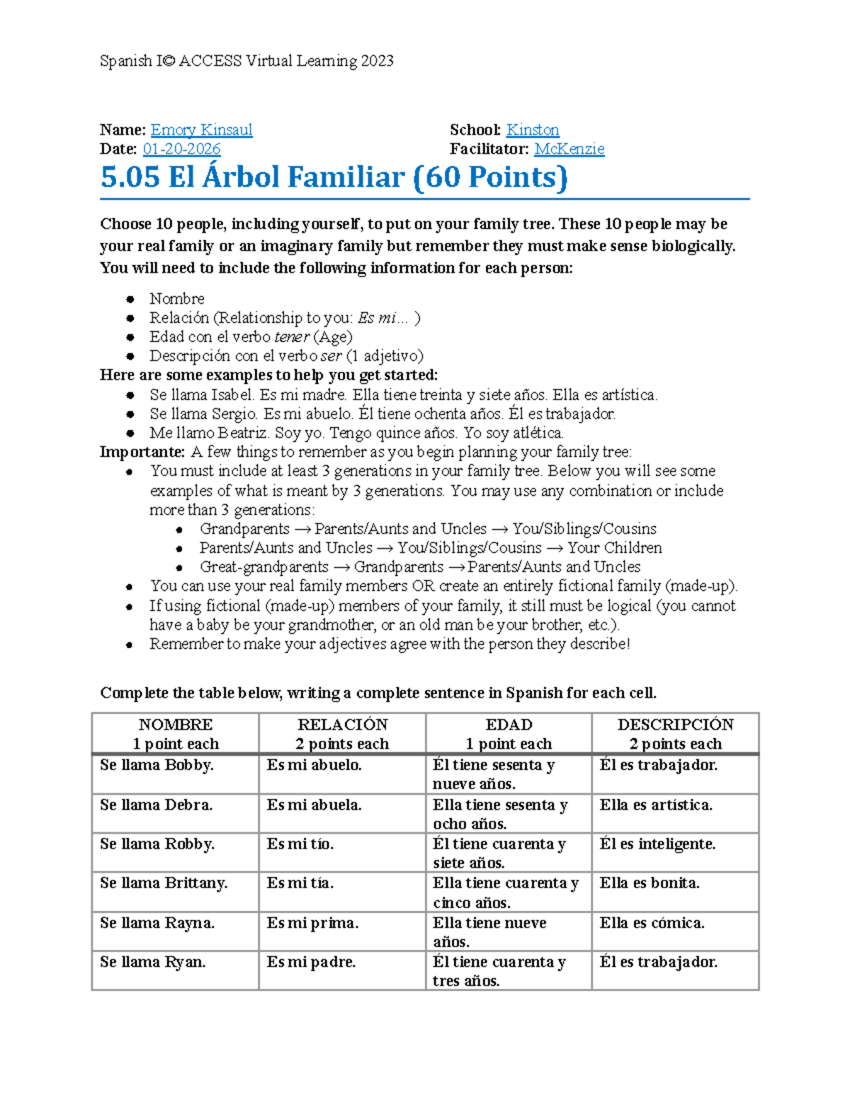 Spanish I© ACCESS Virtual Learning 2023: Family Tree Project Guide ...