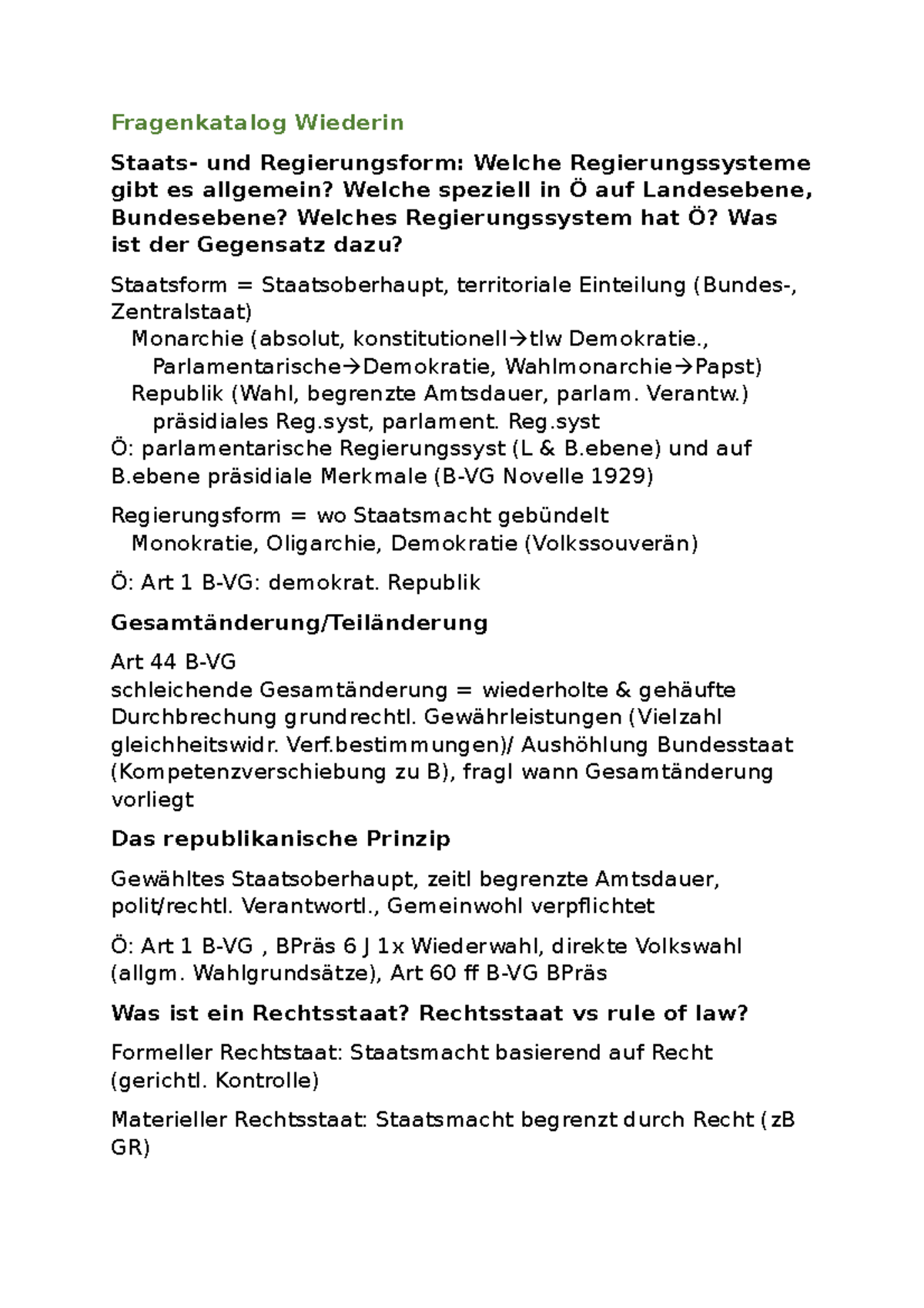 Fragen Wiederin - Fragenkatalog Wiederin Staats- und Regierungsform ...