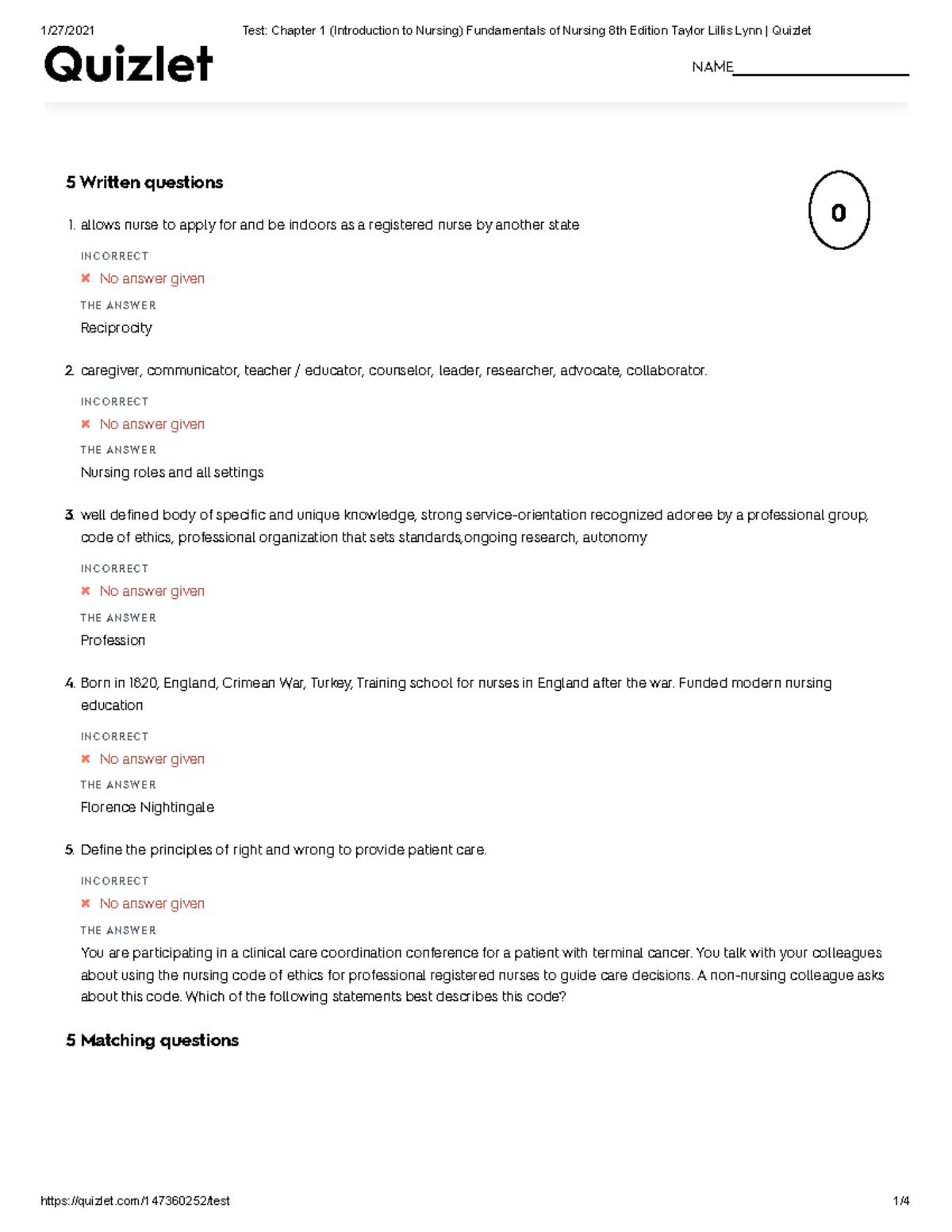 Nursing Fundamentals Chapter 1 Quiz - 5 Written questions allows nurse ...