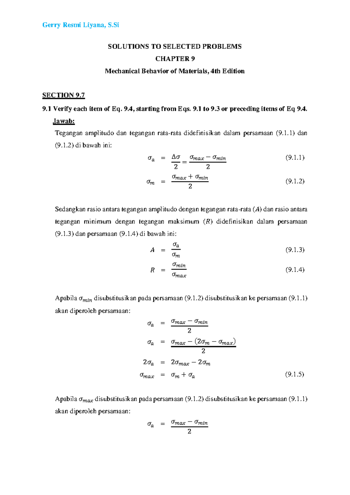 Chapter 9 Solutions: Mechanical Behavior of Materials (Dowling, 4th Ed.) - Studocu