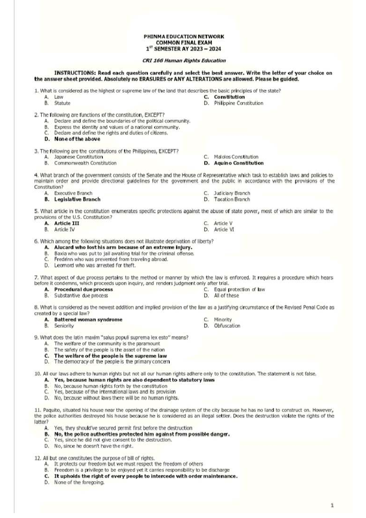 CRI 166 Human Rights Education Final Exam Questions and Answers - Studocu