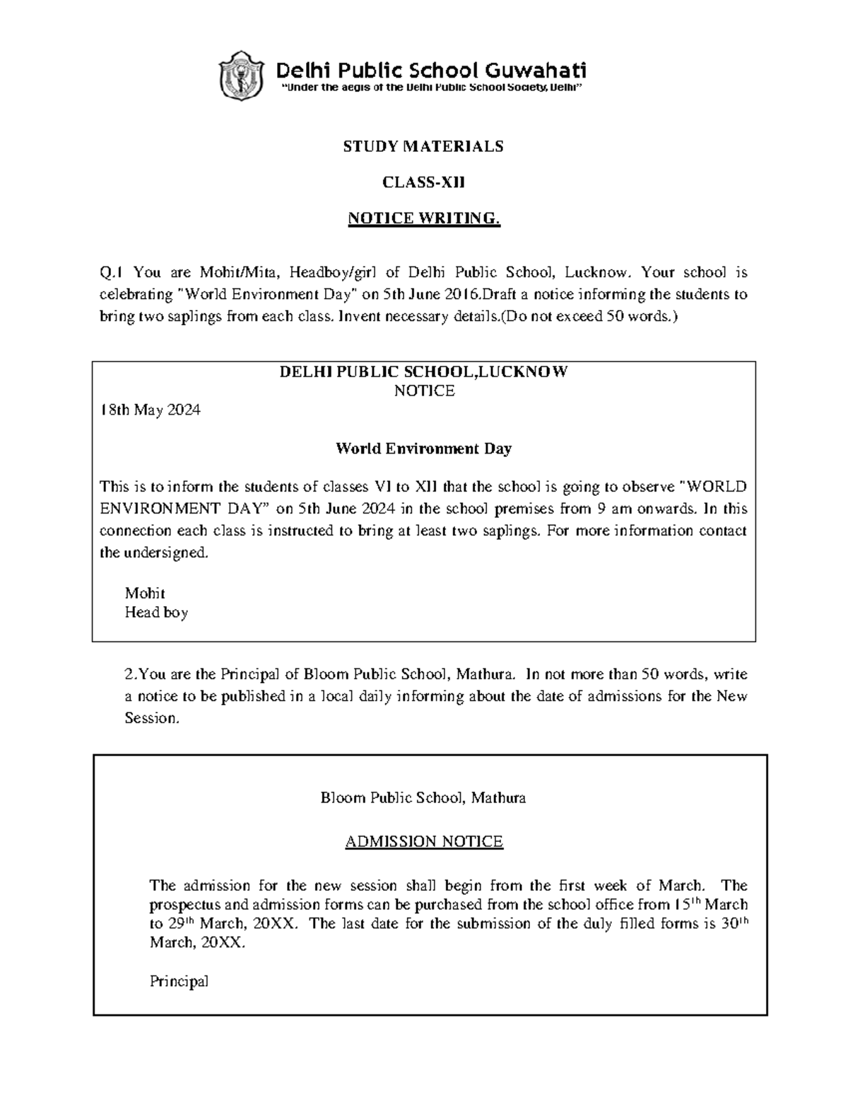 DPS English Writing XII - STUDY MATERIALS CLASS-XII NOTICE WRITING. Q ...