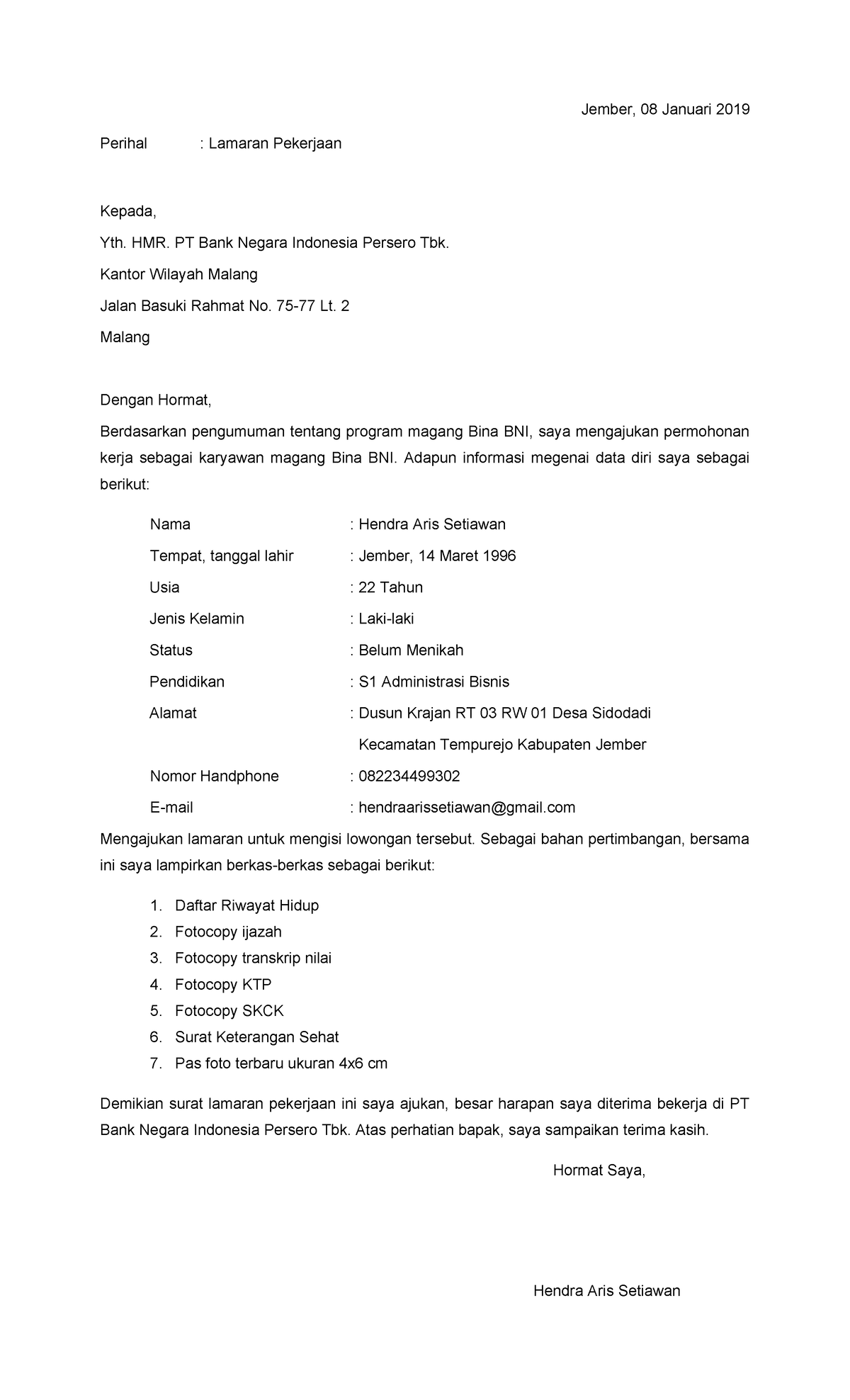 Surat Lamaran Pekerjaan untuk Magang di BNI - Jember 2019 - Studocu
