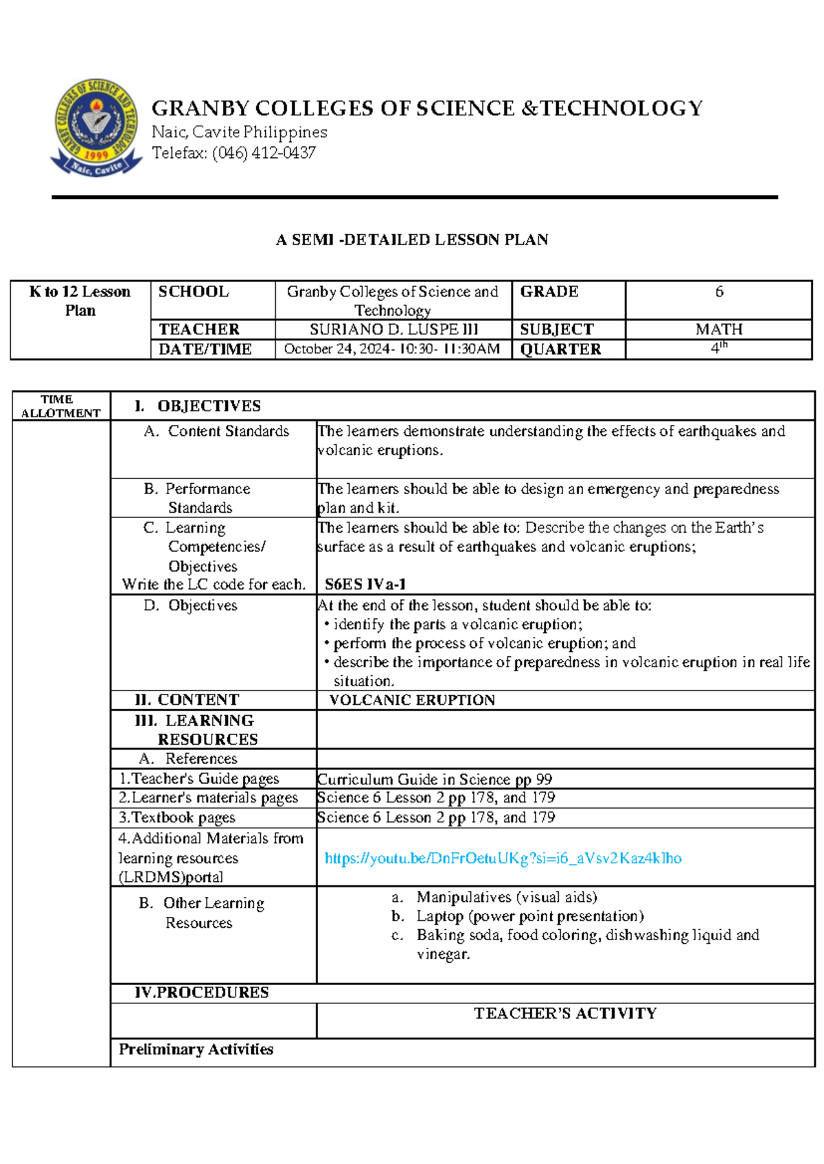 Final Lesson Plan for Grade 6 Science: Volcanic Eruptions (MATH 4th ...