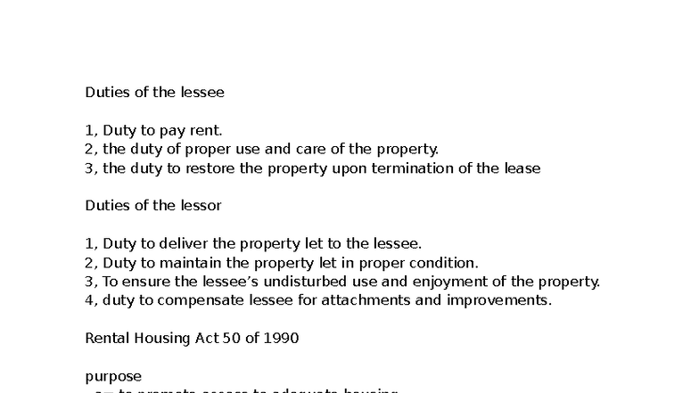 Duties of the Lessee and Lessor: A Comprehensive Overview - Studocu