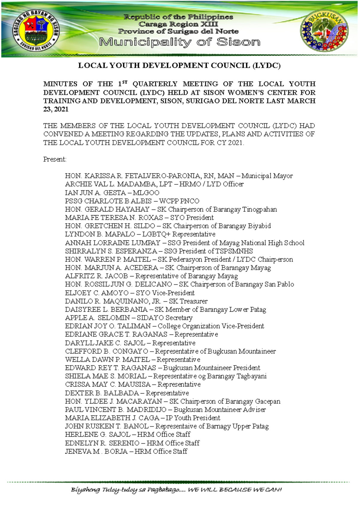 1ST Q Meeting Minutes of the Local Youth Development Council (LYDC ...