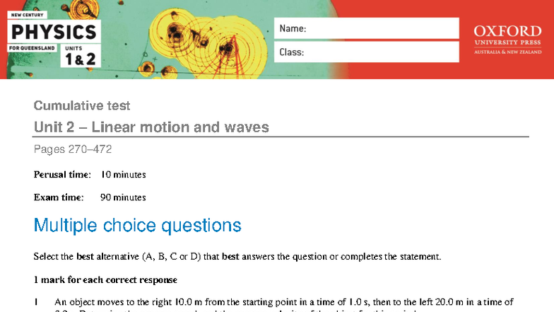 NCPQ Unit 2 Cumulative Test: Linear Motion & Waves - Studocu