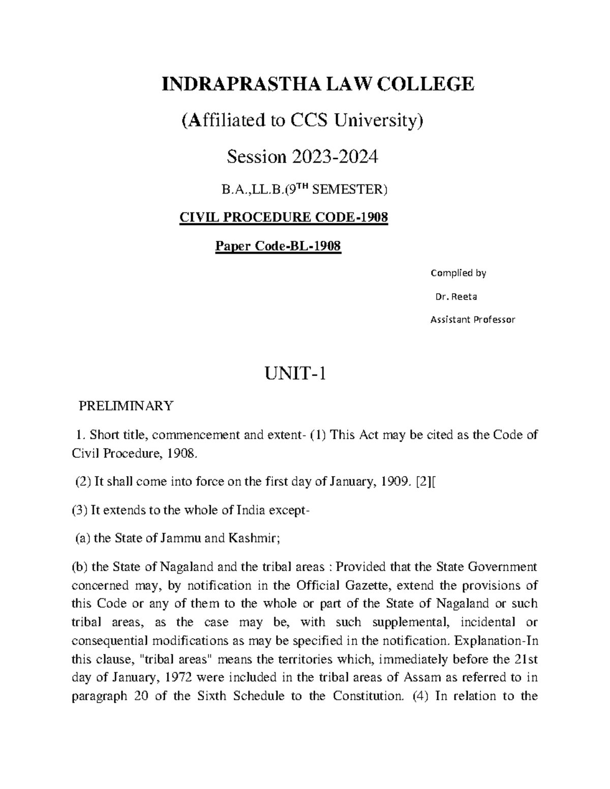 CPC BL-1908: Comprehensive Study Notes for 9th Semester Law - Studocu