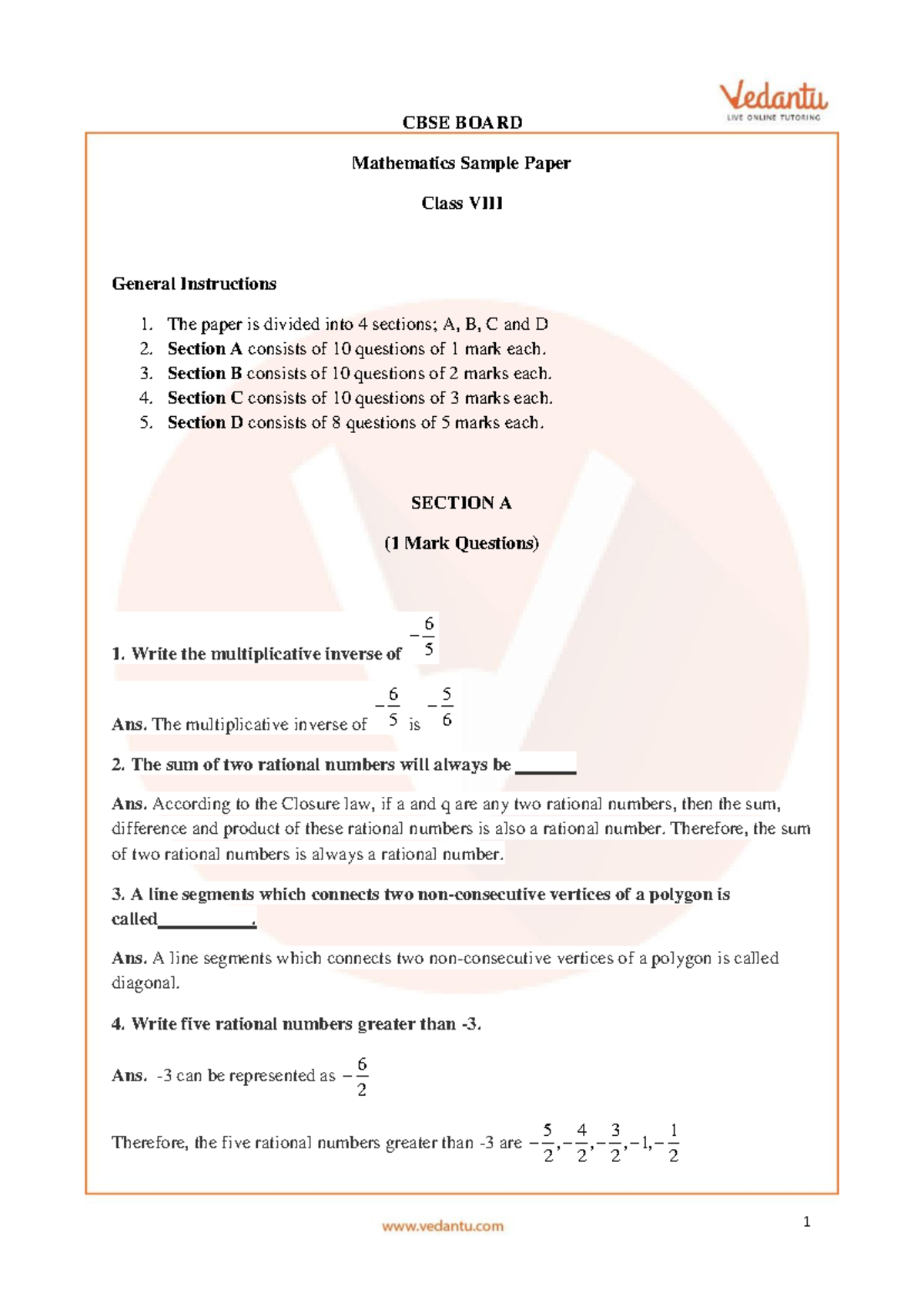 CBSE Class 8 Maths Sample Paper with Solutions - Mock Paper 2 - Studocu