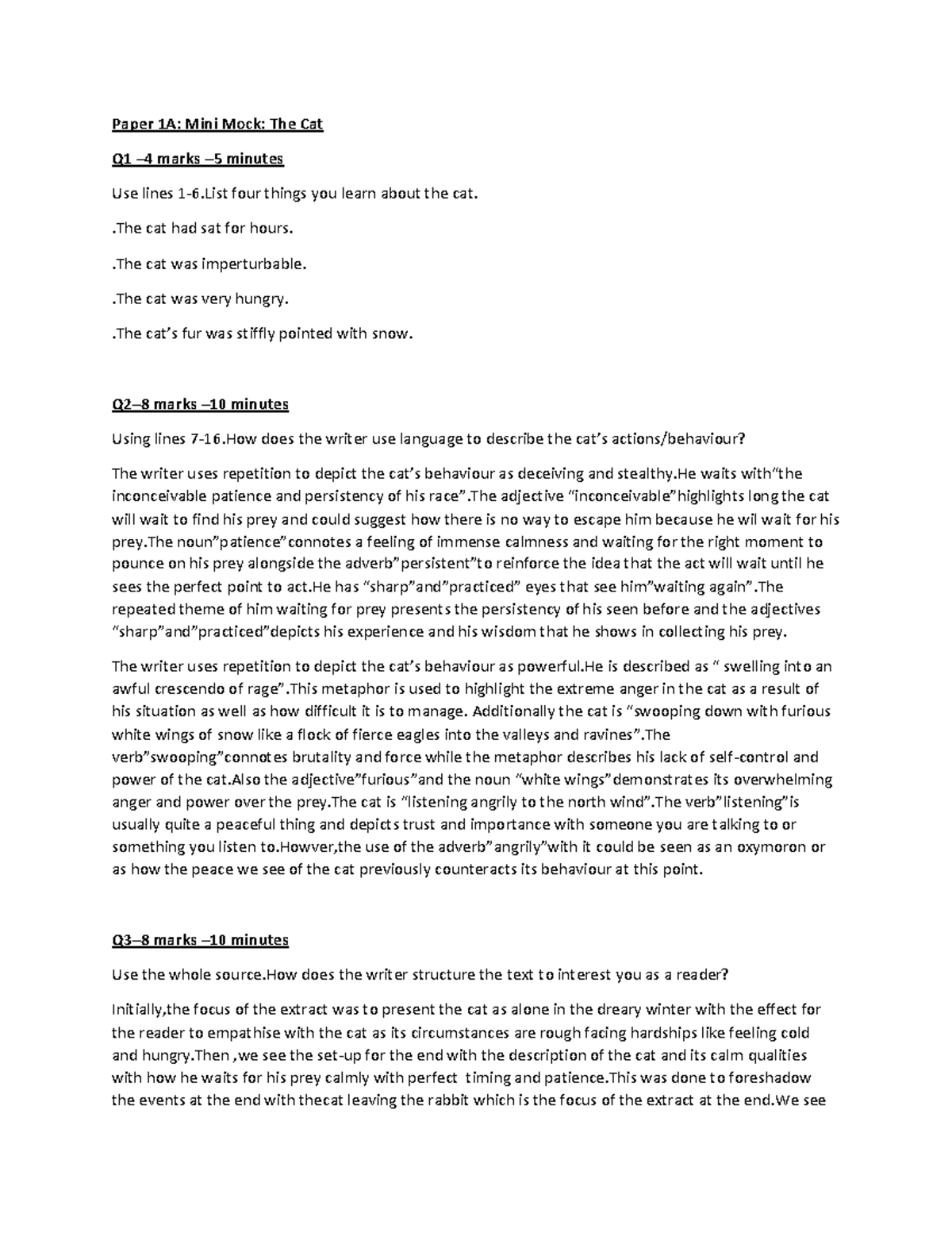 English HW: Paper 1A Mini Mock Analysis of The Cat's Behavior and ...